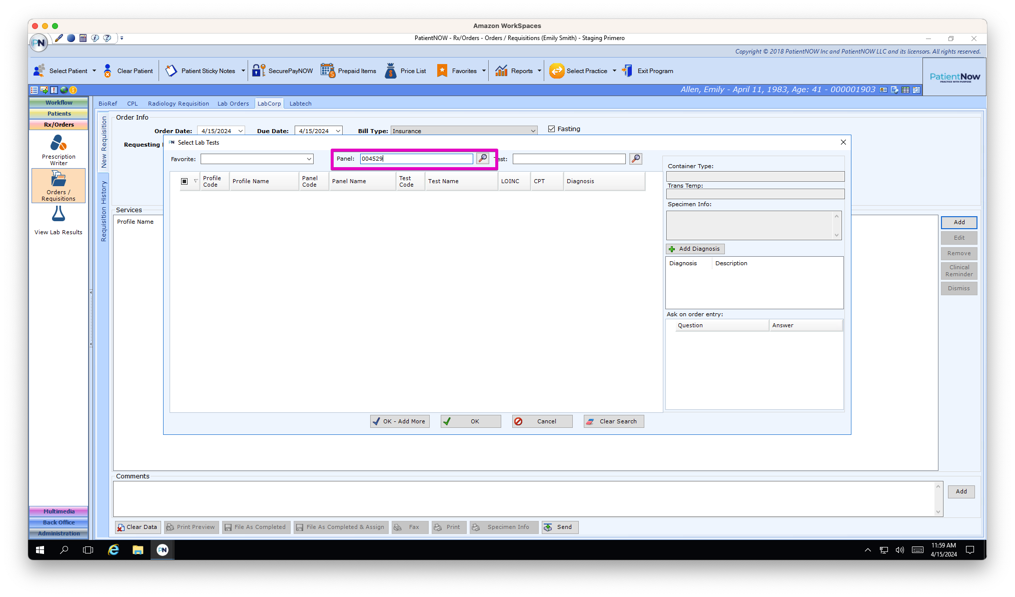 PatientNow Pro: Labcorp Integration - How to Send a Labcorp Order