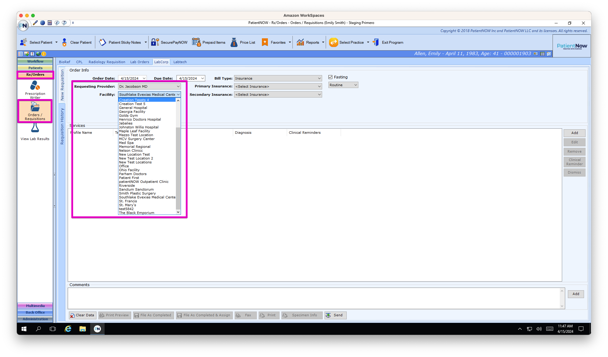 PatientNow Pro: Labcorp Integration - How to Send a Labcorp Order