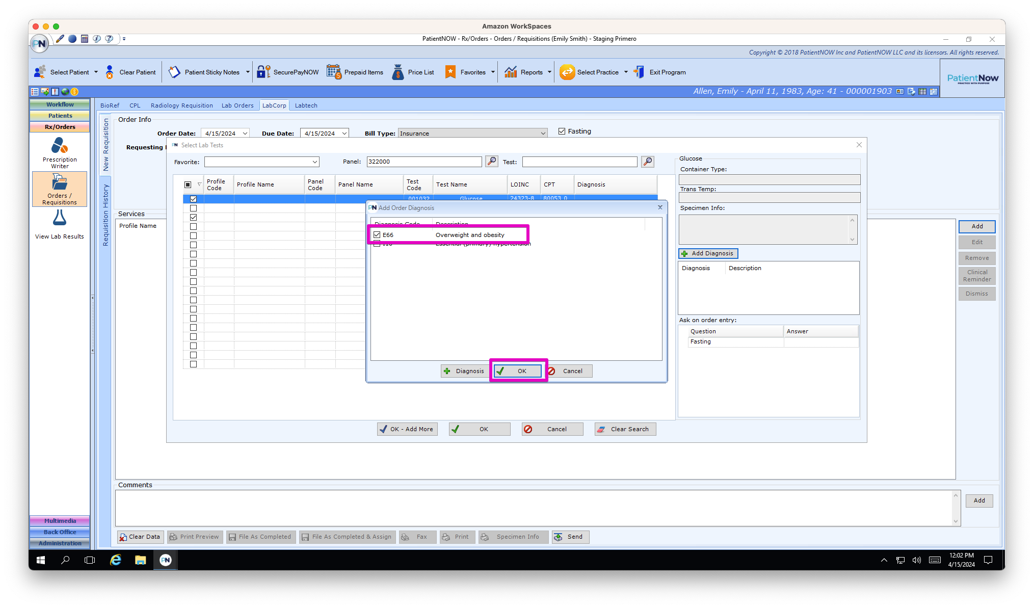PatientNow Pro: Labcorp Integration - How to Send a Labcorp Order
