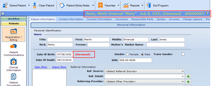 PatientNow Pro: Date of Death