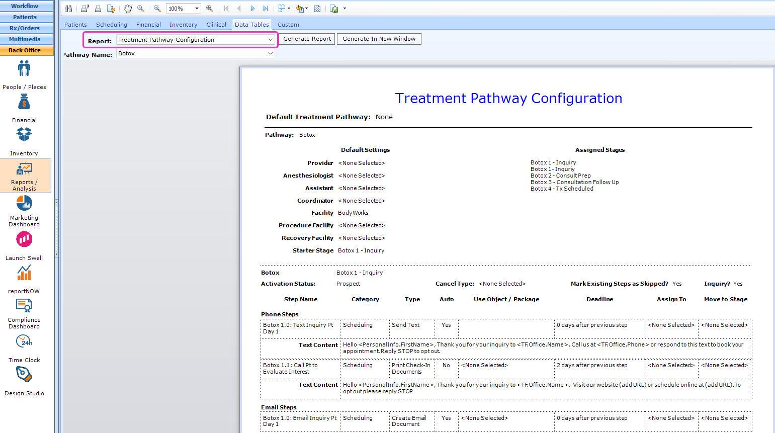 PatientNow Pro: Reports/Analysis - Data Tables > Treatment Pathway Configuration
