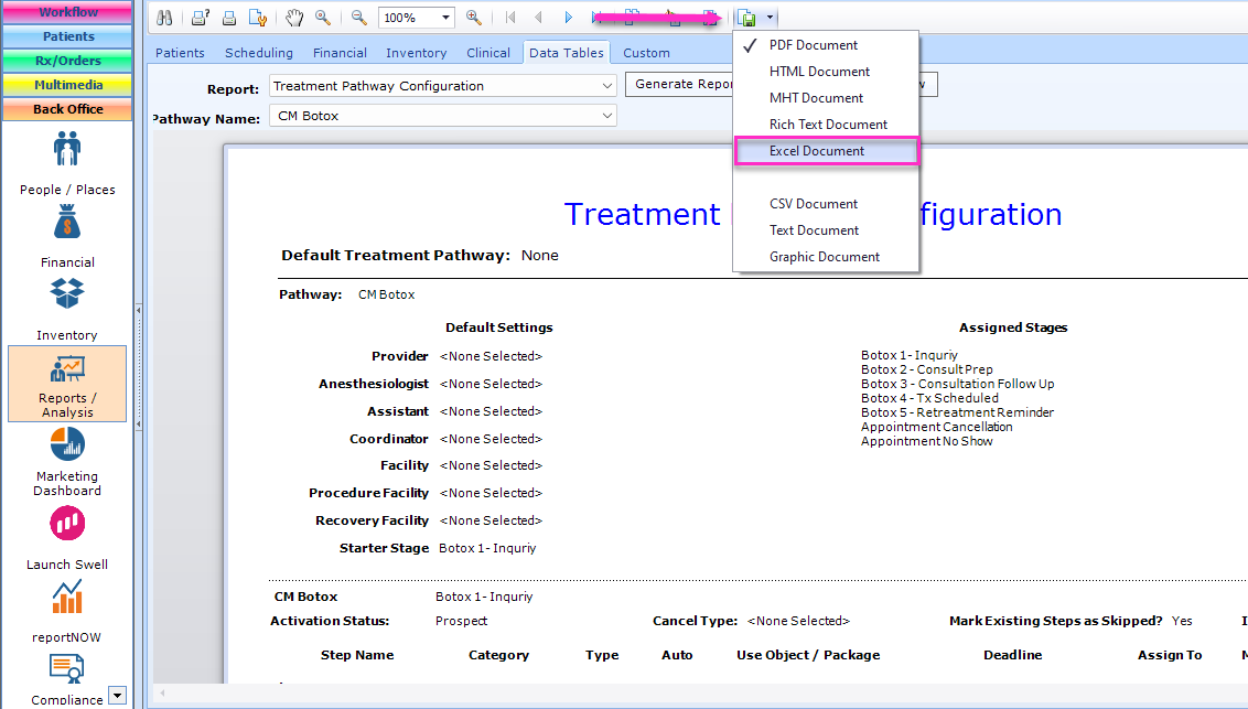 PatientNow Pro: Reports/Analysis - Data Tables > Treatment Pathway ...