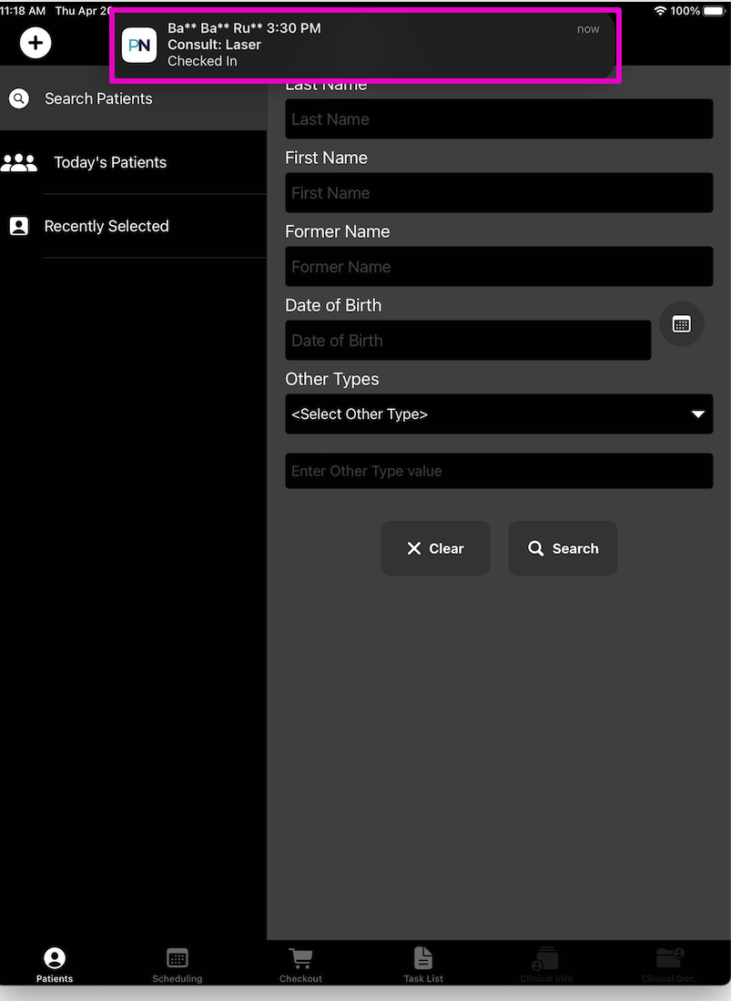 PatientNow Pro iOS App: Check In Notifications