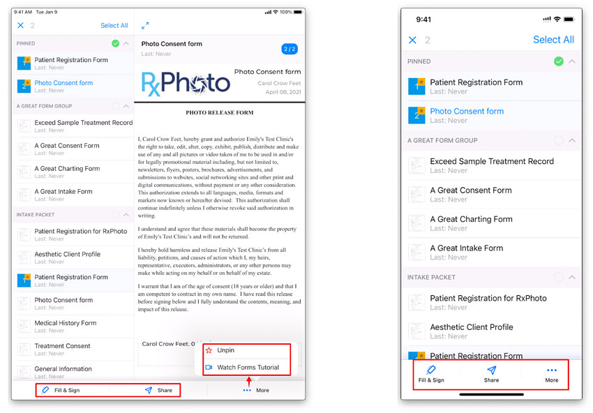RxPhoto - Select Menus on Forms Section of Client Record