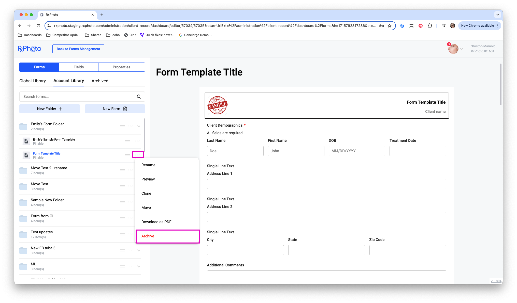 RxPhoto - Form Builder: Forms Tab > Archive