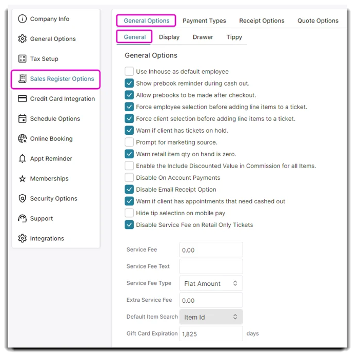 PatientNow Essentials/EnvisionNow: Sales Register Options - General Options Settings