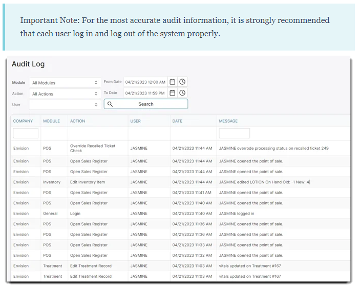 PatientNow Essentials/EnvisionNow: Audit Log