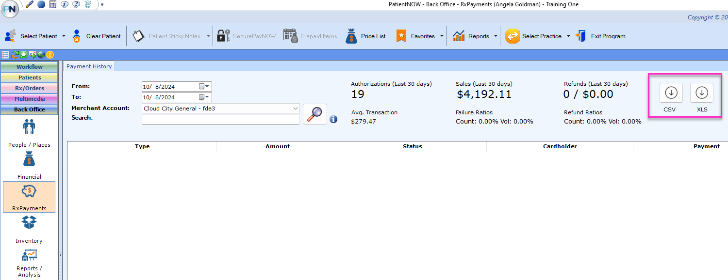 PatientNow Pro x Payrix: RxPayments History Report