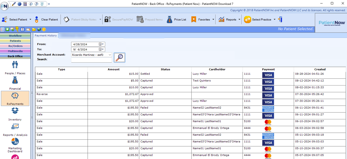 PatientNow Pro x Payrix: RxPayments History Report