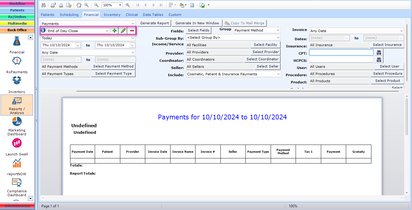 PatientNow Pro: Reports Analysis - Payments Report