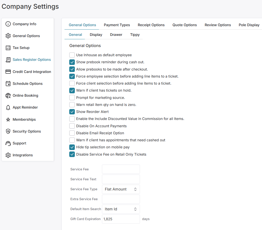 PatientNow Essentials/EnvisionNow: Sales Register Options - General Options Settings