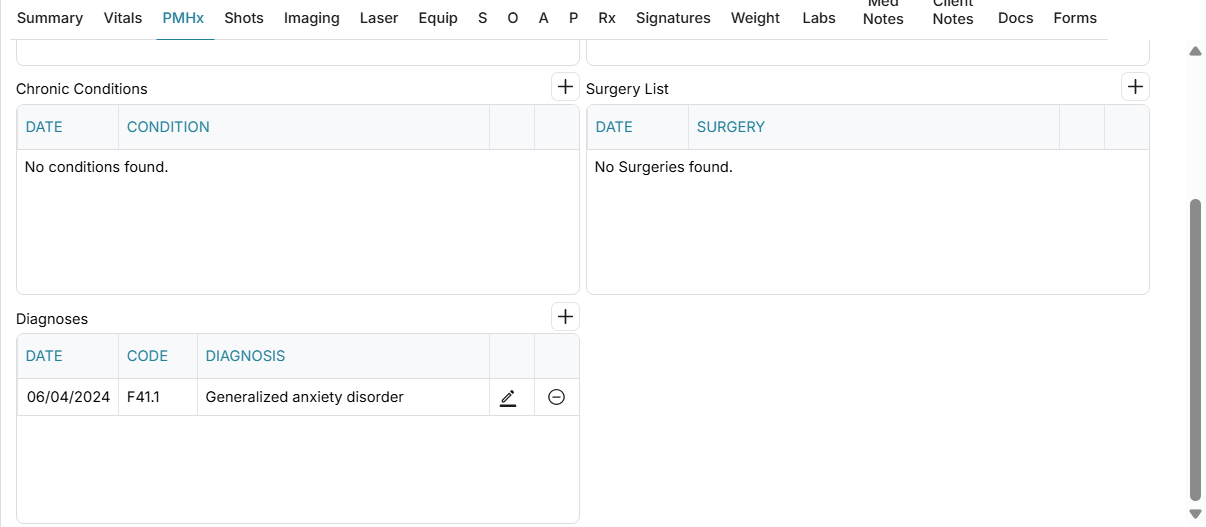 PatientNow Essentials/EnvisionNow: Treatment Screen - PMHx Tab